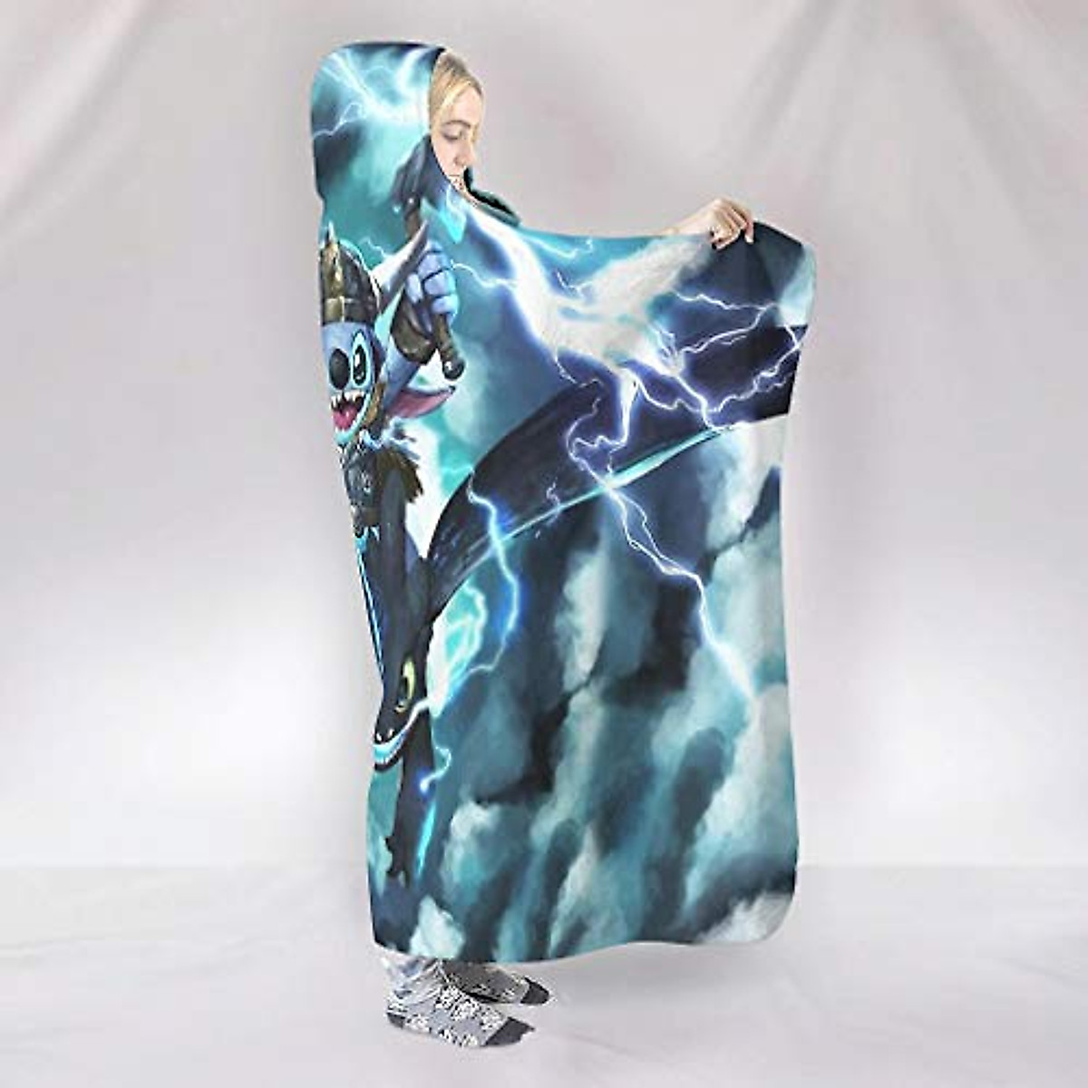 Zerosubsidi Stitch Toothless Viking Hoodie Blanket Throw Comfortable Wrap Wearable Blanket for Children Boys Girls Adults White 60x80 inch