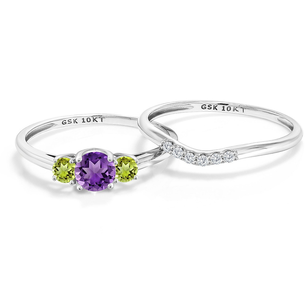 10K White Gold Purple Amethyst and Green Peridot and White Lab Grown Diamond 3-Stone Bridal Engagement Wedding Ring Set For Women (0.76 Cttw, Gemstone February Birthstone, Round 5MM, Size 5)