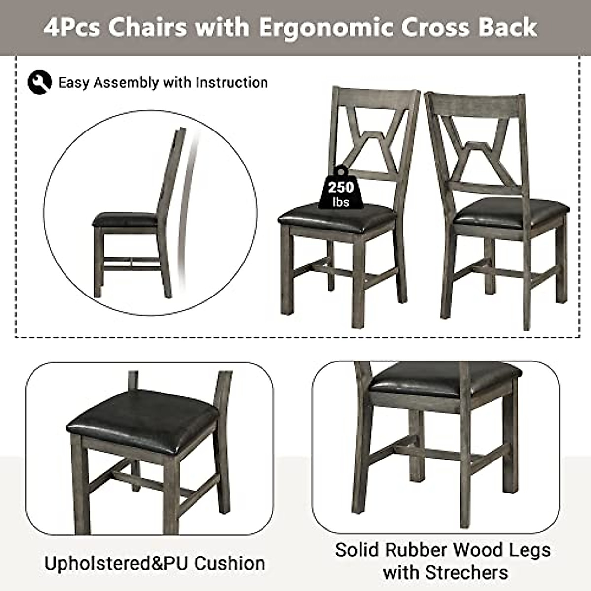 Harper & Bright Designs Mid-Century 5-Piece Dining Table Set, Wooden Round Dining Table with Cross Legs and 4 Upholstered Chairs, Dining Room Kitchen Table Chairs Set, Gray