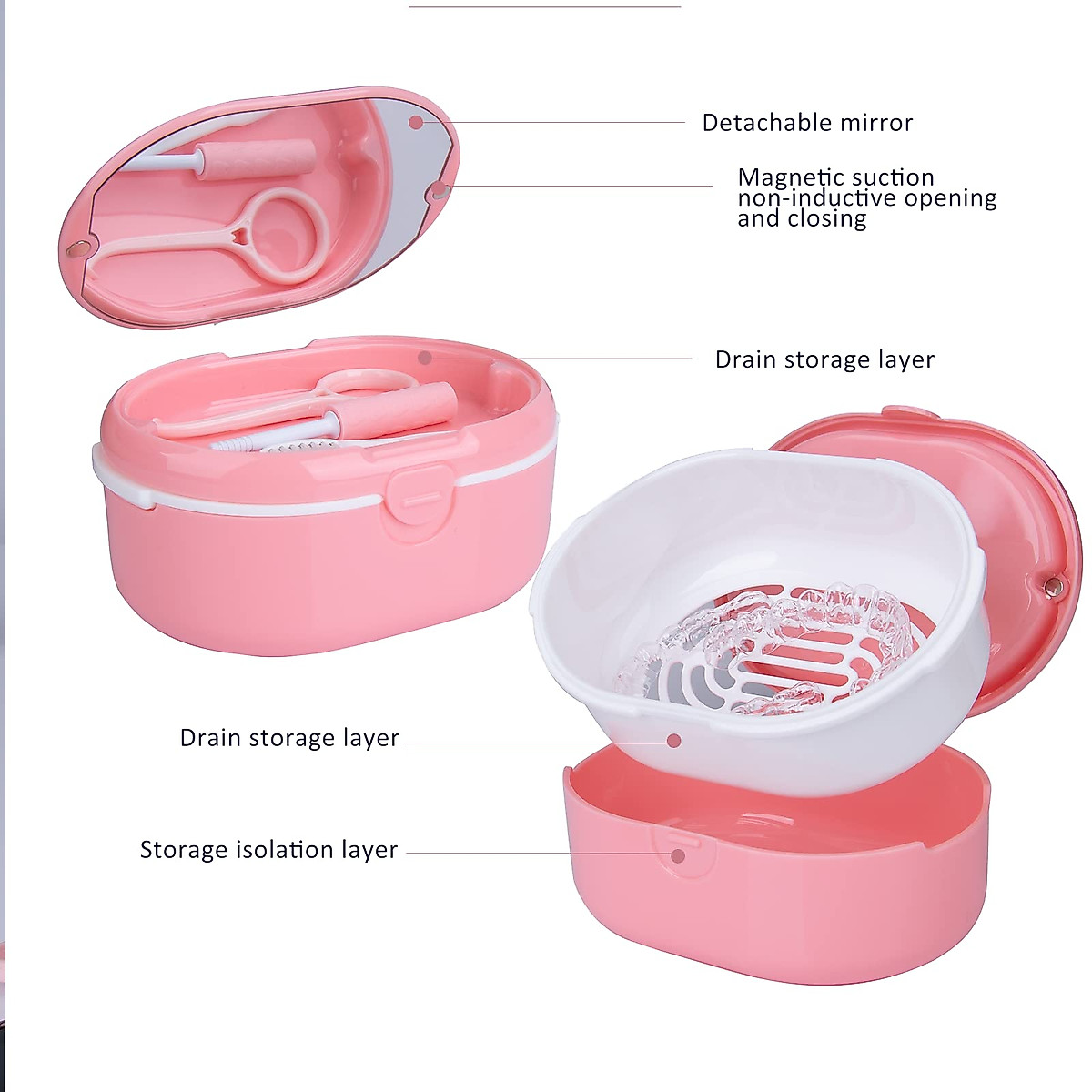 Double Layer Dry and Wet Separation Portable Retainer Case Kit, with Strainer Aligner Removal Tool, Layered Seal Against Dust Denture Case, Orthodontic Dental Retainer Box for Household Travel (Pink)