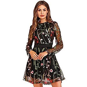 Milumia Women's Floral Embroidery Mesh Round Neck Tunic Party Dress Black Small