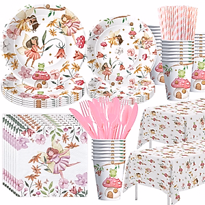 Xigejob Fairy Party Decorations Tableware - Fairy Birthday Party Supplies, Plate, Cup, Napkin, Tablecloth, Cutlery, Flower Fairies Enchanted Forest Garden Birthday & Baby Shower Decorations | Serve 24