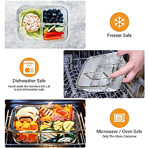 3-Compartment Glass Food Storage Containers with Lids for Lunch Storage, Glass Bento Box Set with Airtight Bamboo Lids - Great Mel Prep Containers for Lunch & Portion Control, 3 Pack, 31.5oz