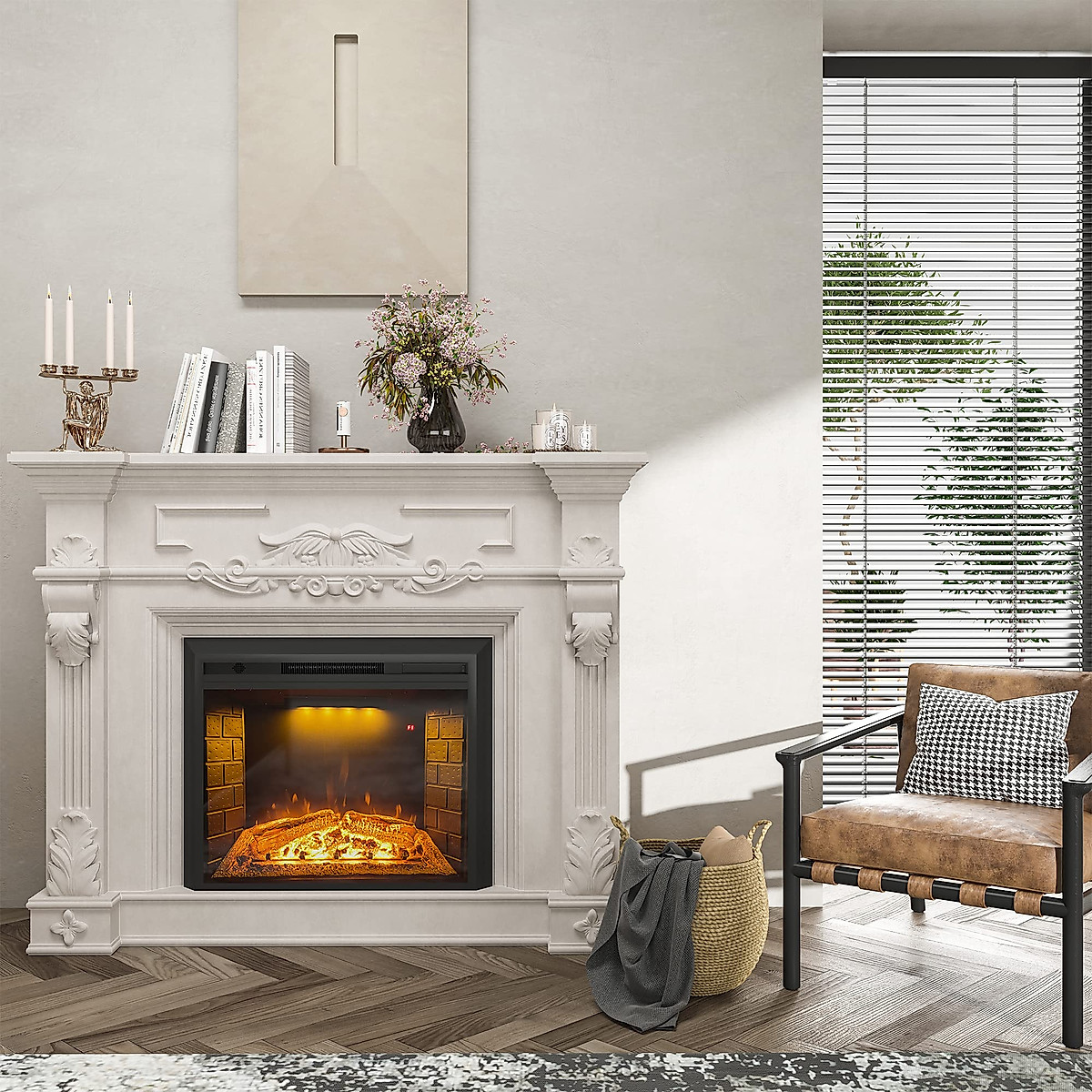 CASAINC 28'' Electric Fireplace Insert, Recessed LED Mantel Fireplace, Low Noise w/Thermostat Heater,1-9 H Timer and Remote Control, Adjustable Flame 3 Colors & 5 Brightness, 1500/750W-Black