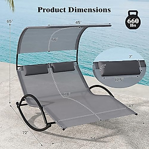 Tangkula 2 Person Lounge Chair with Canopy, Outdoor Chaise Lounge with 2 Detachable Pillows, Sturdy Metal Frame, Extra Large Double Patio Hammock Sunbed Swing for Backyard, Poolside (Gray)