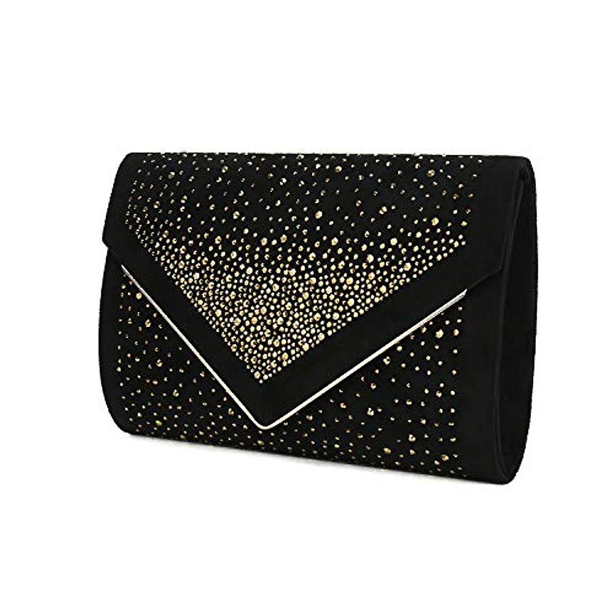 CHARMING TAILOR Envelope Purse Formal Faux Suede Clutch Rhinestone Evening Bag for Women Party Handbag (Black/gold)
