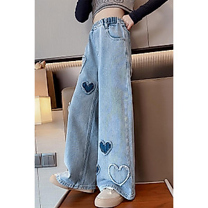 AOWKULAE Girls Heart Print Baggy Jeans Stretch Waist Wide-Leg Jeans, A2-Blue Heart, 13-14 Years = Tag 170
