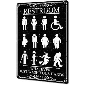 Garnamy Funny Restroom Sign Just Wash Your Hands Vintage Metal Signs Inclusive Bathroom Door Gender Sign for Toilet Home Hotel Wall Decor 8 x12 Inch, Black