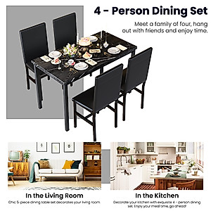 Recaceik Dining Table Set for 4, Kitchen Table and Chairs Set with Faux Marble Tabletop & 4 Leather Upholstered Chairs for Kitchen Dining Room, Compact Space, Dinette Set, Black+Black