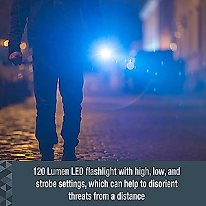 SABRE 2-in-1 Stun Gun with Flashlight & Belt Holster, .84 Microcoulombs (µC) Charge, 120 Lumen Flashlight, High, Low, & Strobe Light Modes, Safety Switch, Rechargeable, Ergonomic Grip, Compact Design