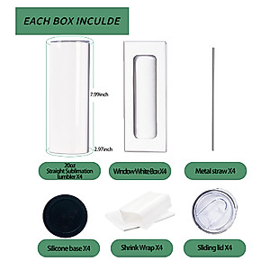 4pack 20oz sublimation straight flat edge tumbler bluk double wall stainless steel vacuum cup with metal straw， For Heat Press Sublimation Printing