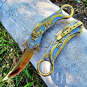 RAMBLADE Dragon folding knife with 440C stainless steel blade, 9.5 inches overall length, black handle (Gold)