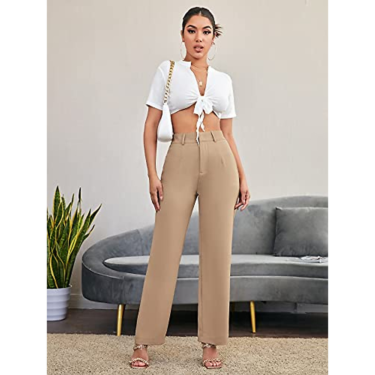 SweatyRocks Women's Elegant High Waist Solid Long Pants Office Trousers Khaki M