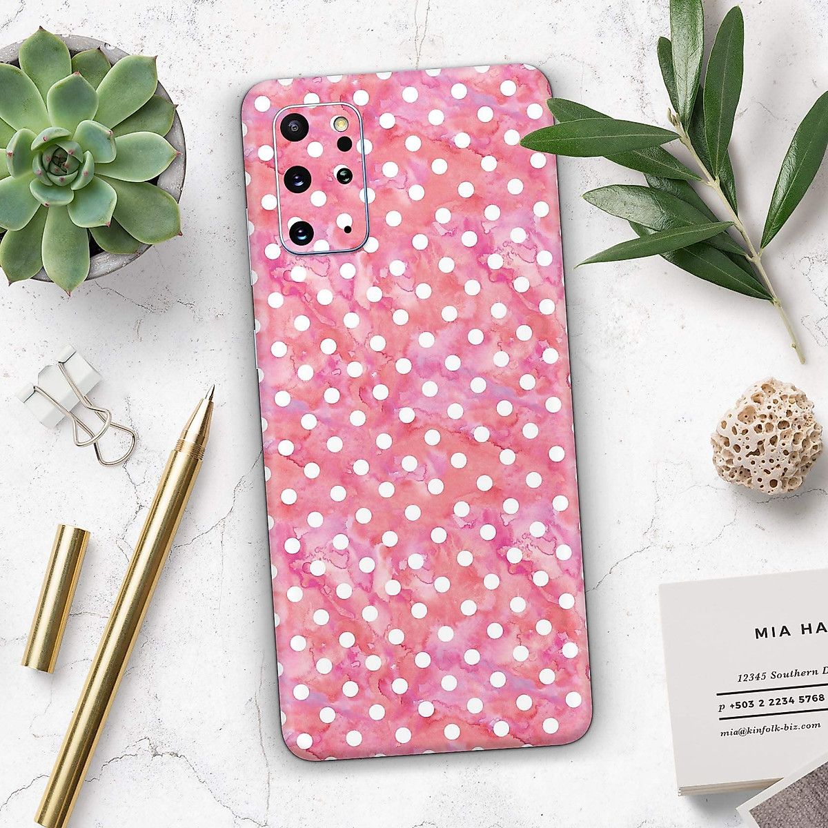 DesignSkinz White Polka Dots Over Pink Watercolor Protective Vinyl Decal Wrap Skin Cover Compatible with The Samsung Galaxy S20 (Screen Trim & Back Glass Skin)