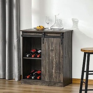 HOMCOM Industrial Sideboard Storage Cabinet, Serving Bar Buffet with Sliding Barn Door and 6-Bottle Wine Rack, Grey