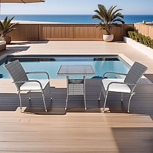 3 Piece Patio Conversation Set, Wicker Garden Bistro Set, Waterproof Outdoor Furniture Set Patio Table and Chairs, Rattan Outdoor Conversation Set with Cushions, Coffee Table (3 Pieces)