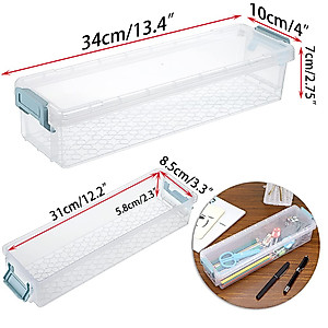 BTSKY Long Plastic Stackable Box Home, Office Supplies Storage Organizer Box Pencil Box Plastic Organizer Holder for Gel Pens Erasers Tape Pens Pencils Markers etc- 3 Pack - Clear with Blue Clip