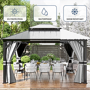 Amopatio 12' X 14' Hardtop Gazebo Permanent Aluminum Gazebos with Galvanized Steel Double Roof for Patio Lawn and Garden，with Curtains & Mosquito Netting