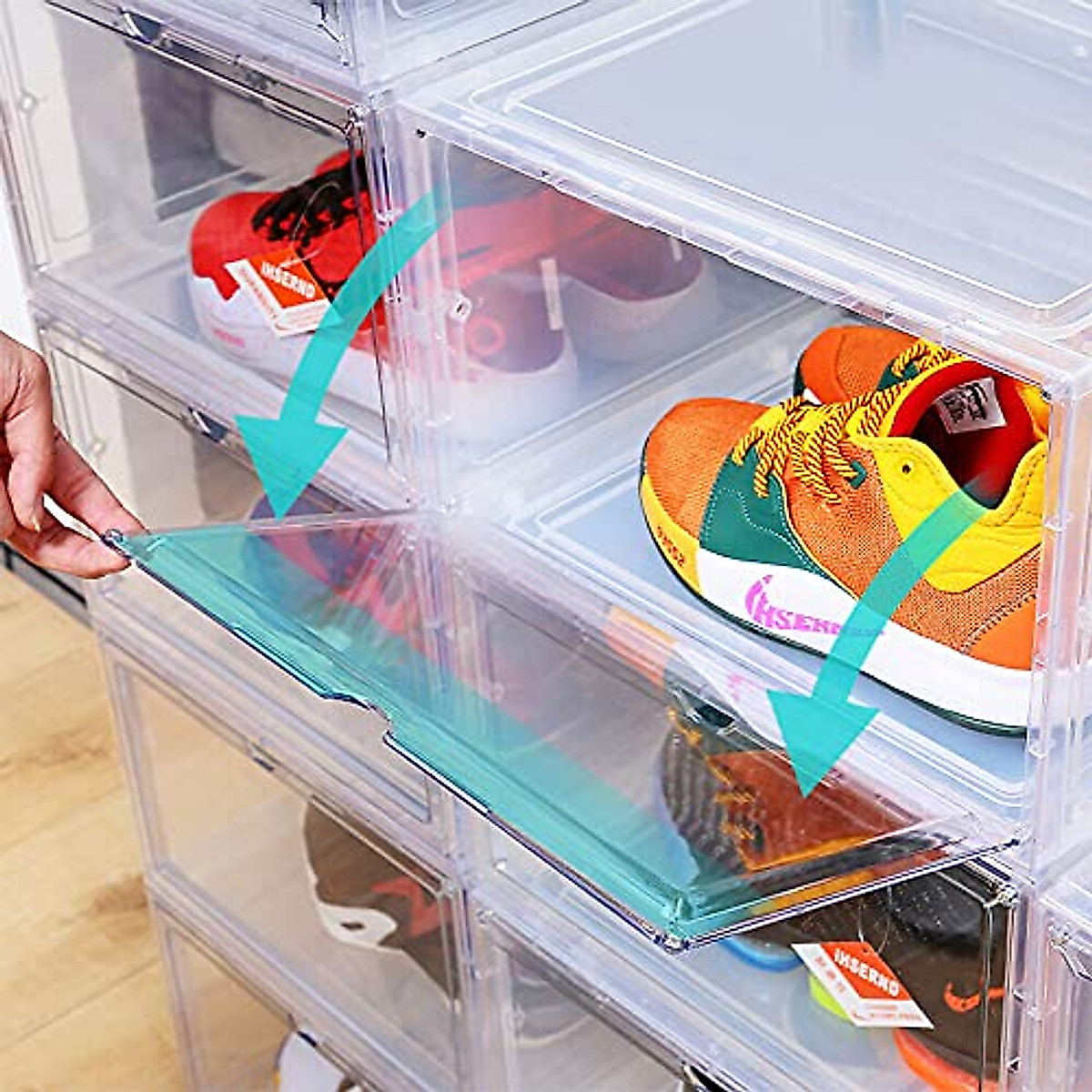 EZB - Magnetic Shoe Storage Box Drop Side/Front Sneaker Case Stackable Container XL (Crystal Clear, 2 Pack)