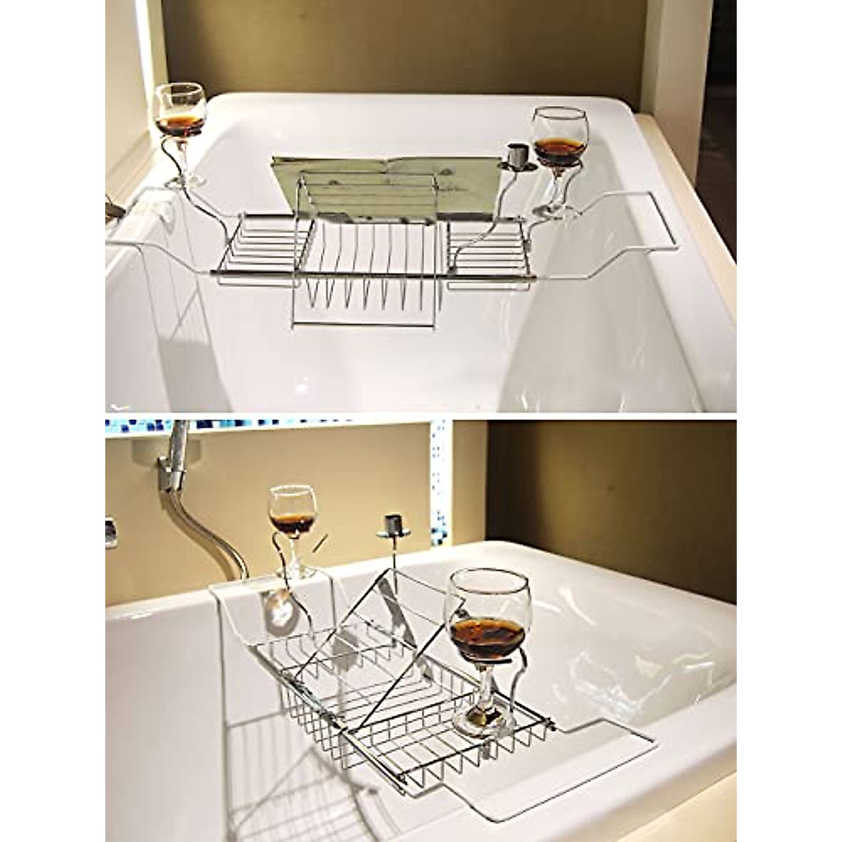 ZHYIYI Stainless Steel Bathtub Caddy Tray,Over Bath Tub Racks Organizer with Removable Wine Rack Book Candle Holder,Expandable Bath Tub Shelf for Reading Black