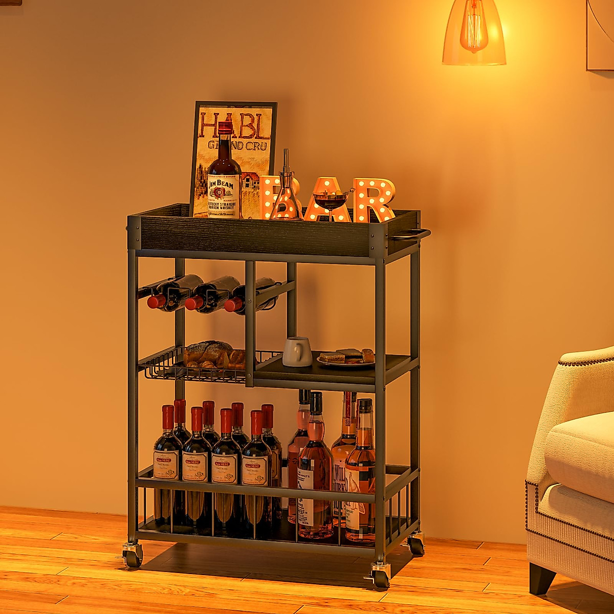Azheruol Bar Cart with Basket 3 Tiers Home Rolling Wine Rack with Wheels Mobile Kitchen Industrial Vintage Style Wood Metal Serving Trolley Serving Cart,Black Frame Home Kitchen Shelf for Party