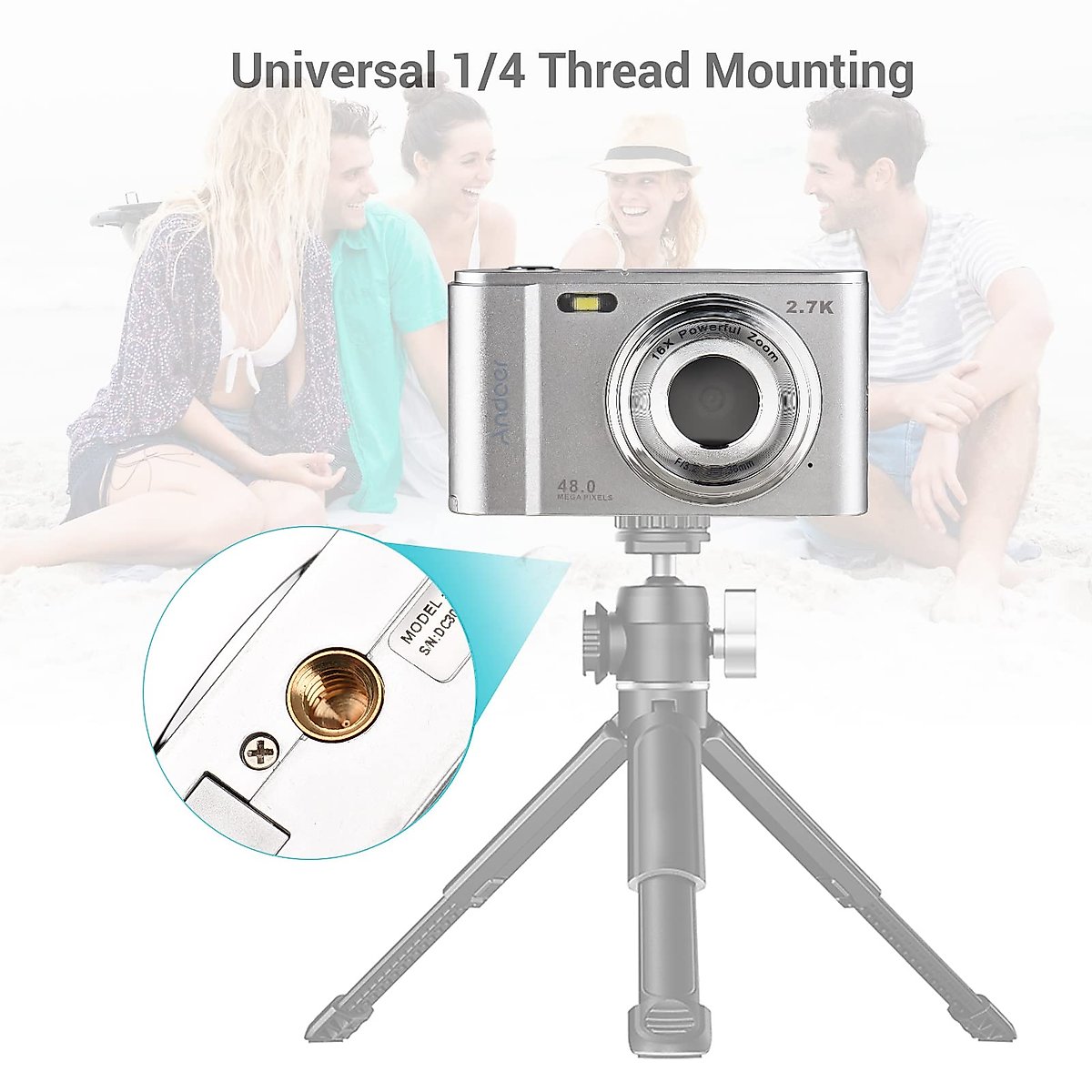 Andoer Portable Digital Camera 48MP 2.7K 2.88-inch IPS Screen 16X Zoom Auto Focus Self-Timer 128GB Extended Memory Face Detection Anti-Shaking with 2pcs Batteries Hand Strap Carry Pouch