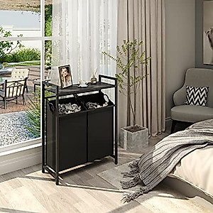 LAATOOREE Double Laundry Hamper with Top Shelf, Two-Color Tall Laundry Basket with 2 Removable Laundry Sorter Bags, Clothes Hamper for Laundry Room, Bedroom - Black Walnut and Black