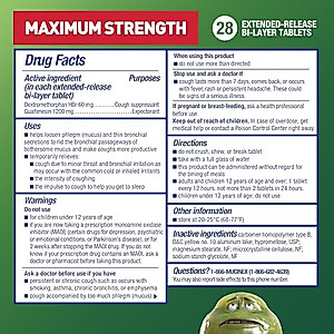 Mucinex DM 12Hr Maximum Strength Chest Congestion & Cough Medicine For Adults, Cold And Cough Medicine for Excess Mucus Relief, 1200 mg Guaifenesin & 60 mg Dextromethorphan HBr, 28 Bi-Layer Tablets