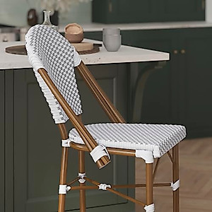 Flash Furniture Lourdes Commercial Grade Bistro Counter Height Stool, Stackable Indoor/Outdoor Dining Stool, 26" High, White/Gray and Bamboo Finish, Set of 2