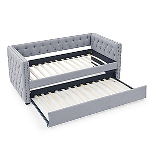 DS-HOMEPORT Daybed with Trundle, Upholstered Tufted Twin Sofa Bed with Button and Copper Nail on Square Arm (Grey)
