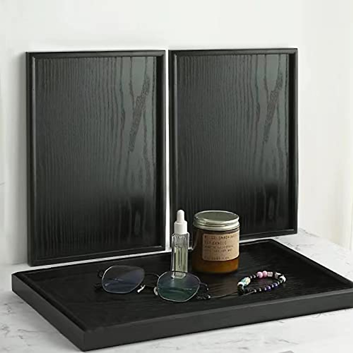 22 x 18 Inches Extra Large Solid Wood Serving Tray Tea Coffee Table Tray Snack Food Meals Serving Plate Kitchen Party Bar Server Breakfast Tray with Raised Edges Black Ottoman Tray Rectangle