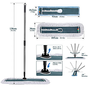 Masthome Broom and Dustpan Set with 52" Long Handle & 36" Large Industrial Dust Mop with 2 Reusable Mop Pads for Floor Cleaning