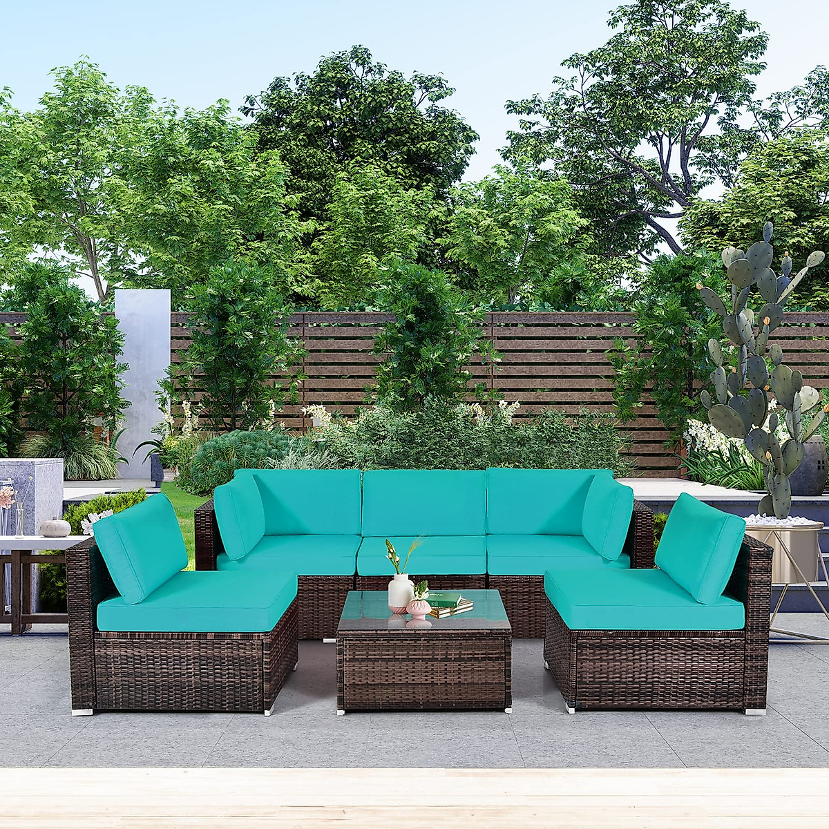 HAPPYGRILL 6 Pieces Outdoor Patio Furniture Set, PE Rattan Conversation Set with Tempered Glass Coffee Table and Cozy Cushions, Weather Resistant Sectional Sofa Set, Turquoise