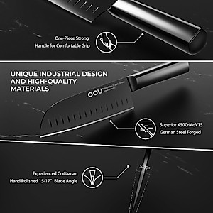 OOU Kitchen Knife Block Set - 15 Pieces High Carbon Stainless Steel Chef Knife Sets, Anti-Rust Black Knives Set with Built-in Sharpener Block, Walnut