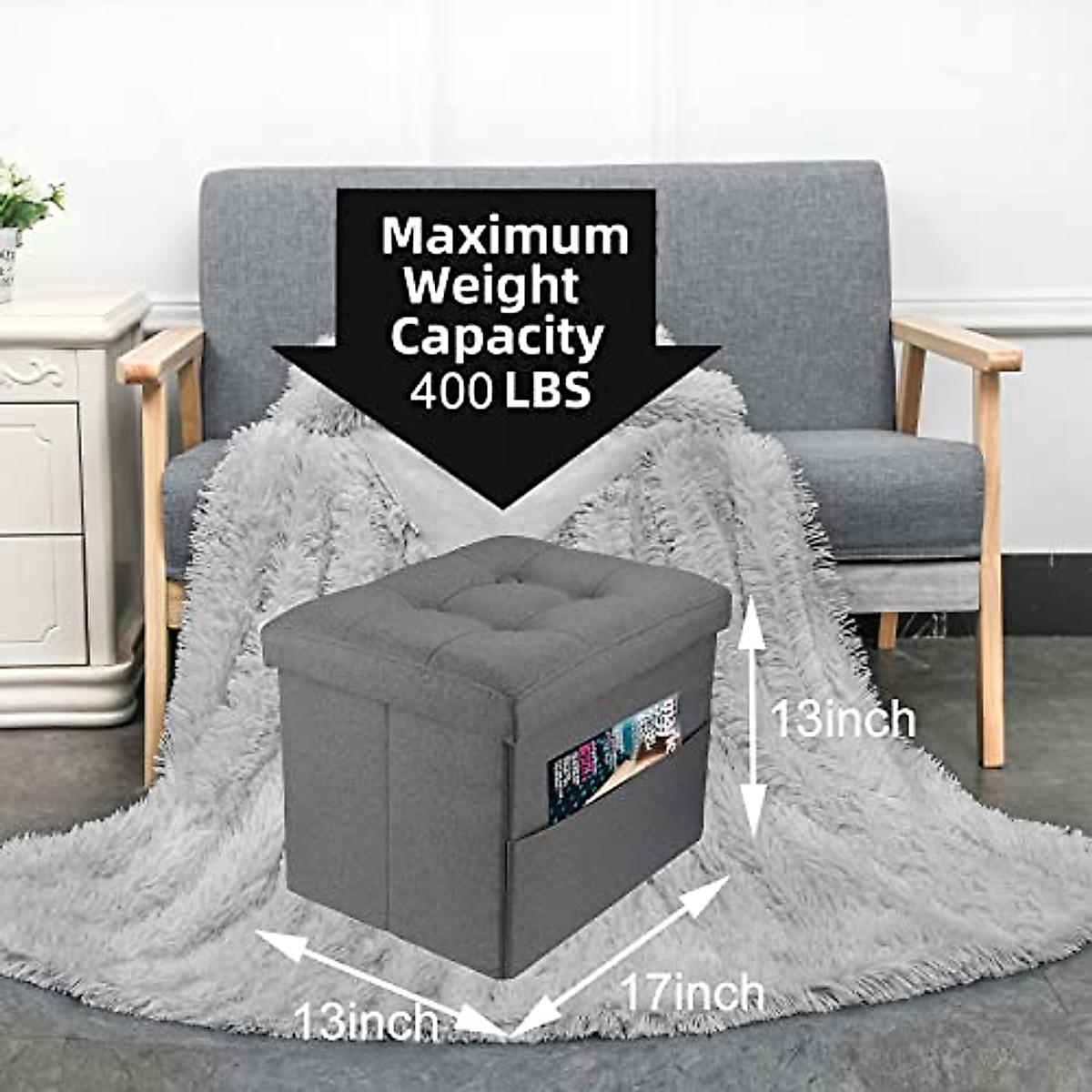 Hamgtrion Ottoman Storage Ottoman Foot Rest Footstool with Side Pocket Foldable Ottoman Folding Ottomans Footrest Rectangle Bench Cube for Room Living Room Bedroom Grey L17W13H13inches