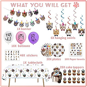 137PCS Cat Birthday Party Supplies Serves 20 Guests Kitten Birthday Party Decorations Cat Party Plates Banner Napkins Balloons Tablecloth Cake Toppers for Cat Themed Birthday Party Supplies