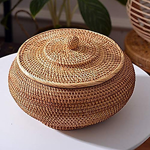 YIWMHE Rattan Boxes with Lid Hand-Woven Multi-Purpose Wicker Tray with Durable Rattan Fiber Round 11 Inch Diameter Bread Basket (Color : Coffee Color)