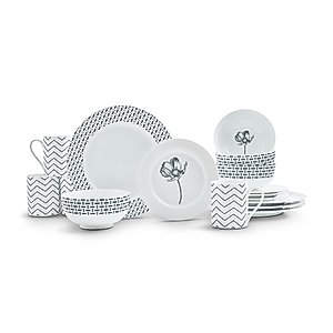 Portmeirion Home Collection Stella 16 Piece Set, Made of Fine Porcelain, Black and White, Geo and Flower Patterns, Service for 4, Dishwasher and Microwave Safe