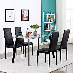 110cm Dining Table Set 5PCS Modern White Tempered Glass Dining Set with 4pcs PVC Leather Chairs Transparent & Creamy (Black)