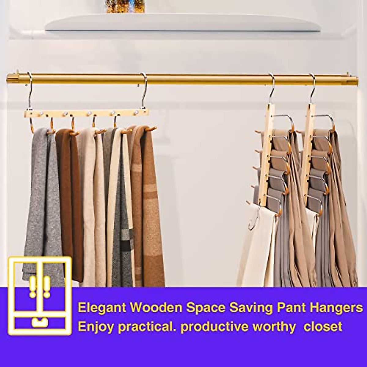 Ulimart Pants Hangers 2Pcs Pants Hangers Space Saving,Wooden Multiple Layers Pants Rack with Non-Slip Rubber Coating Pants Organizer for Trousers Scarves Slack