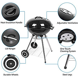 OIUT Portable 18inch Charcoal Grill for Outdoor,Charcoal Stove Enamel Barbecue Grill and Smoker Heat Control Round BBQ Kettle for Picnic Patio Backyard Garden Camping Hiking Cooking Travel,Black