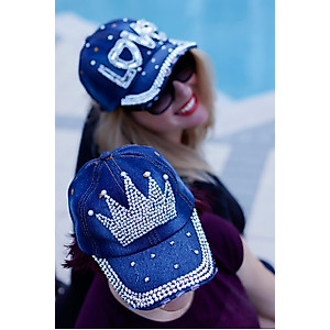 Popfizzy Bling Crown Baseball Cap for Women Rhinestone Hat, Bedazzled Baseball Caps, Distressed Hat, Fancy Bejeweled Hats, Sparkle Studded Denim Ball Caps (Crown)