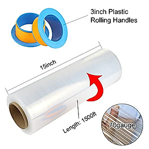 2 Pack 1500ft Industrial Clear Stretch Wrap Film 70 Gauge 15" with 3inch Plastic Rolling Handle for Pallet Wrap, Durable Self-Adhering Packing, Moving, Packaging, Heavy Duty Shrink Film, BOMEI PACK