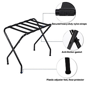 COOBL Folding Luggage Rack Collapsible Metal Suitcase Stand with Nylon Straps,for Home Bedroom,Hotel,Max Weight 100 lbs,Black