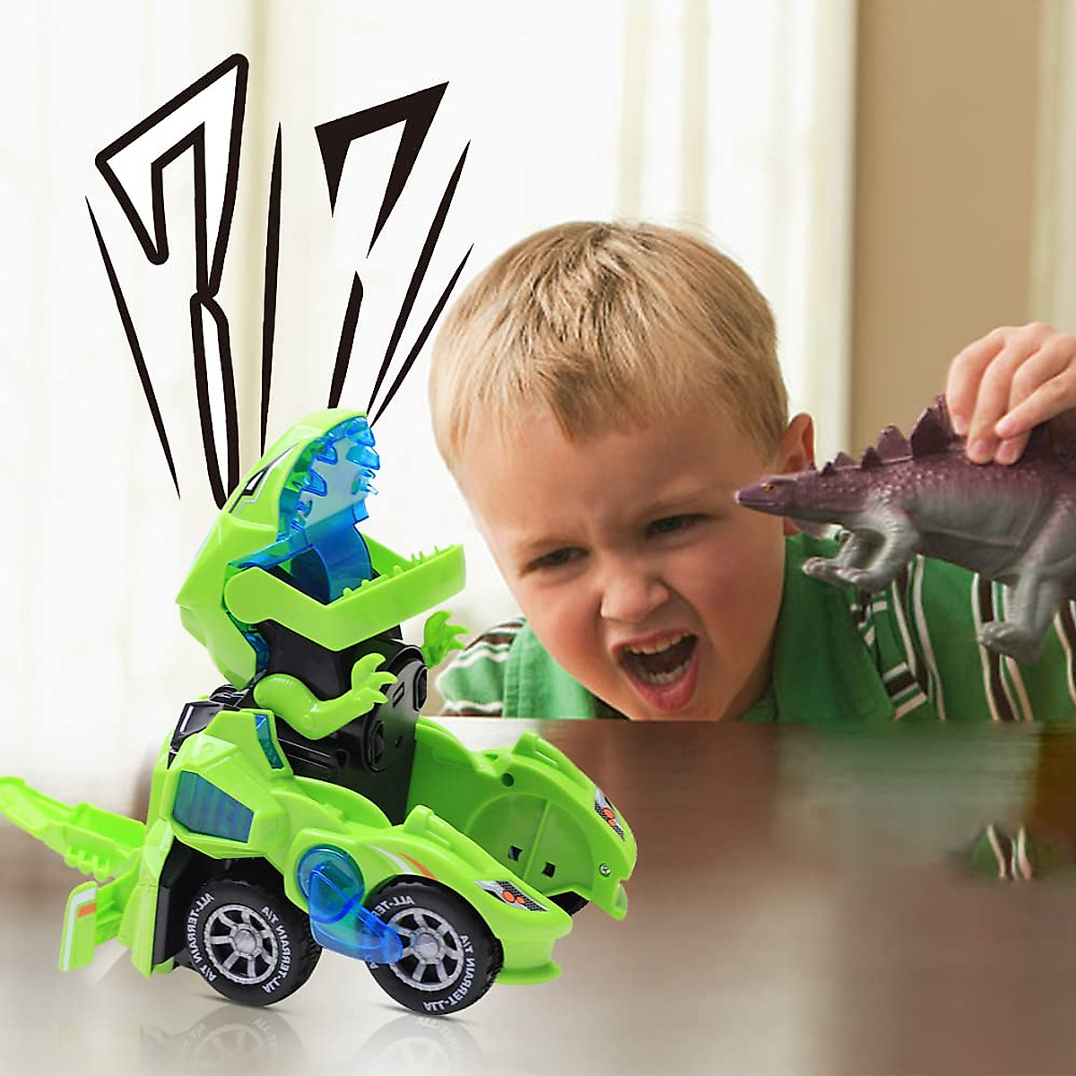 HCPBRS Dinosaur Transformation Car Toy, 2 in 1 Transforming Dinosaur Car Toys with LED Light and Music, Automatic Deformation Dino Race Car Rotate Dinosaur Transform Racing Cars for Kids Gifts (3PCS)