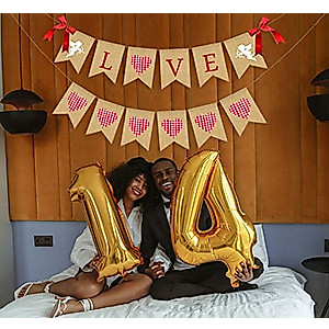 JOZON Love Burlap Banner and Pink Plaid Heart Burlap Banner Valentine's Day Bunting Banner Garland with Cupid Signs and Bows Valentines Day Party Decorations for Wedding Anniversary Mother‘s Day