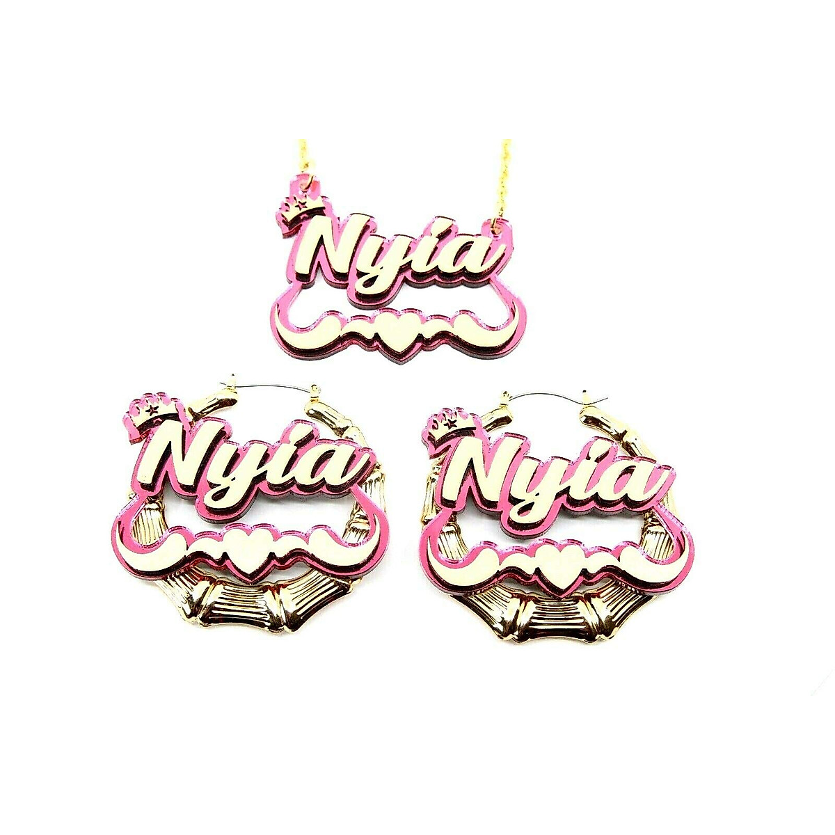 Name Necklace Plate Personalized Custom Nameplate and 2.5" Bamboo Gold Earrings With Swirls Heart and Crown on Top Jewelry Set Color Choice Laser Cut Gold Script Cursive Letters, Quality Gold Chain