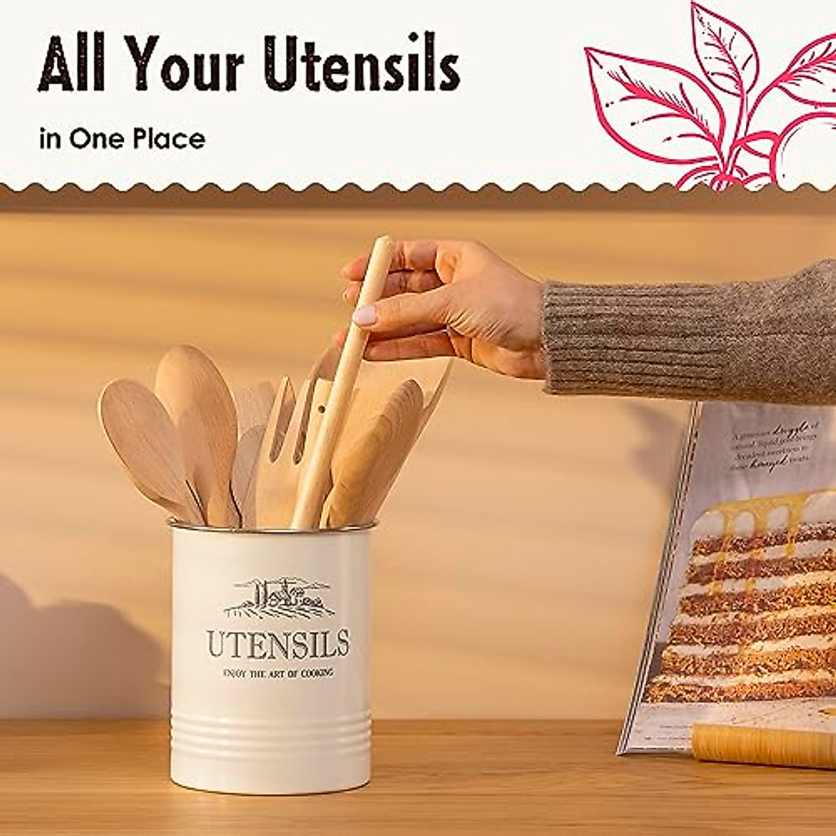 noonberry Kitchen Utensil Holder for Countertop - Farmhouse Large Cooking Utensil Holder 6.7"- Utensils Organizer and Spatula Holder - Kitchen Counter Decor Crock