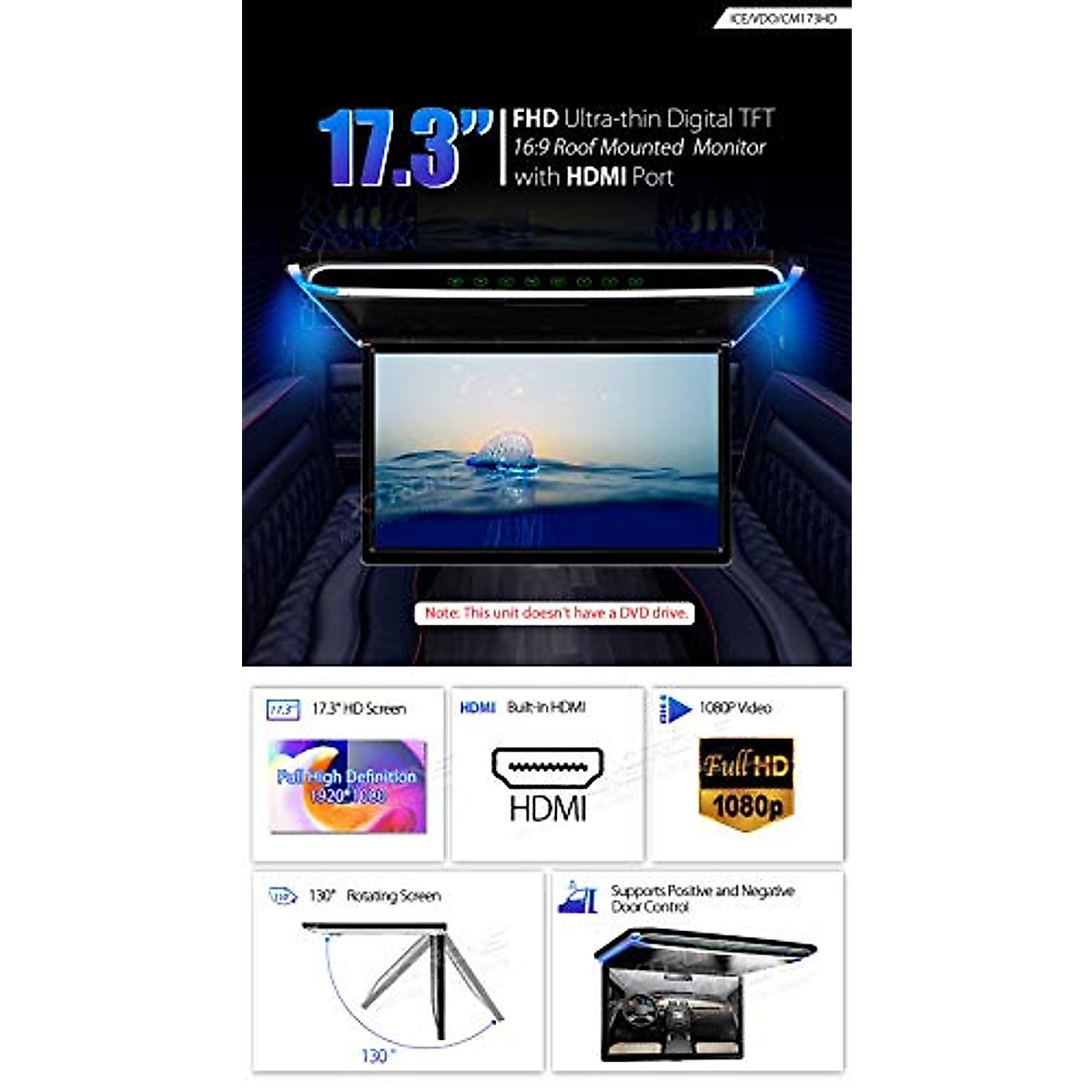 XTRONS® 17.3 Inch 16:9 Ultra-Thin FHD Digital TFT Screen 1080P Video Car Overhead Player Roof Mounted Monitor HDMI Port 1920 * 1080 Full High Definition (No DVD)