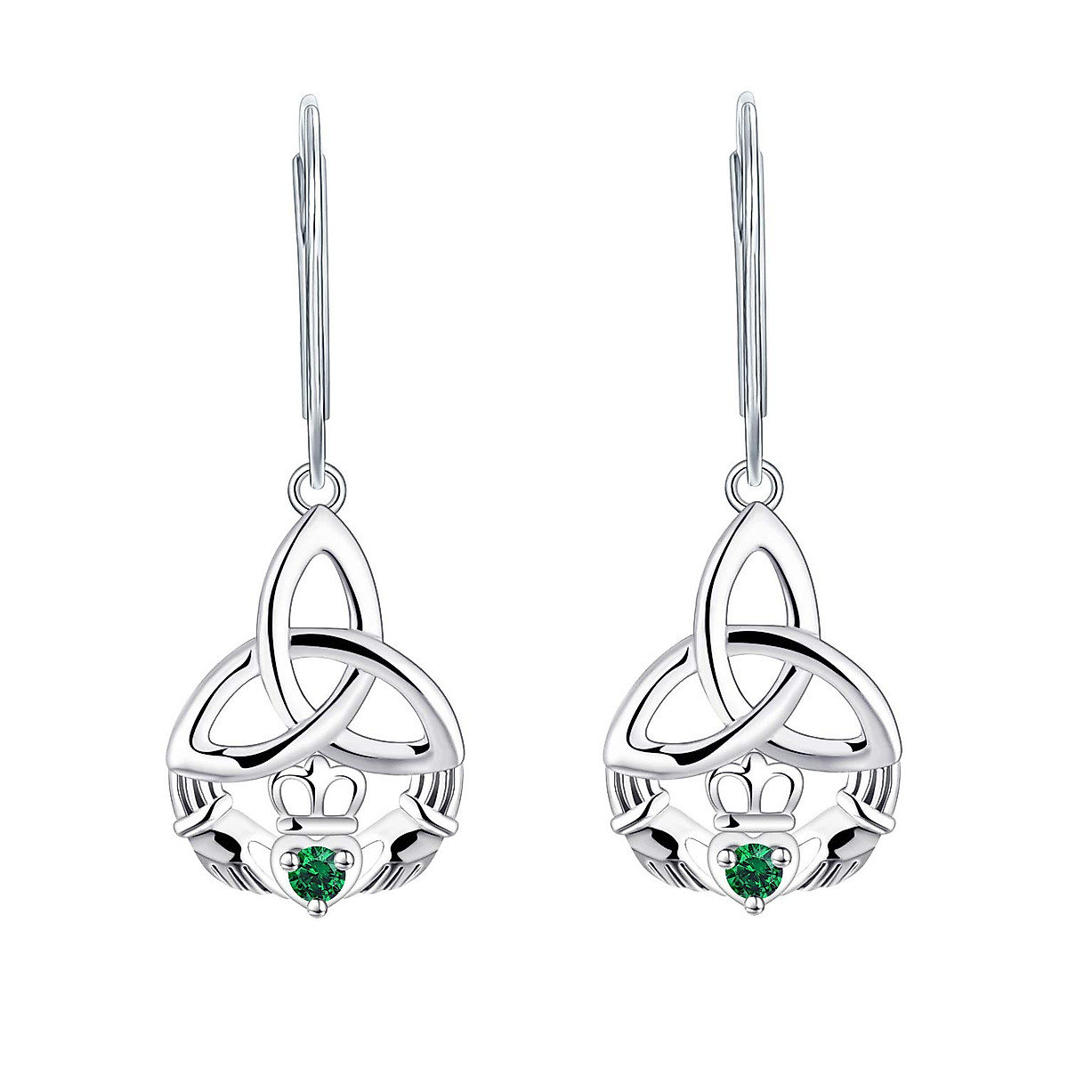 JO WISDOM Women Claddagh Earrings,925 Sterling Silver Irish Celtic Claddagh Love Heart Drop & Dangle Leverback Earrings with Green Emerald